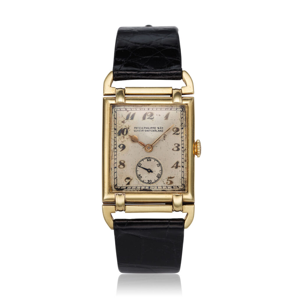 PATEK PHILIPPE YELLOW GOLD RECTANGULAR WRISTWATCH WITH MOVABLE LUGS ...